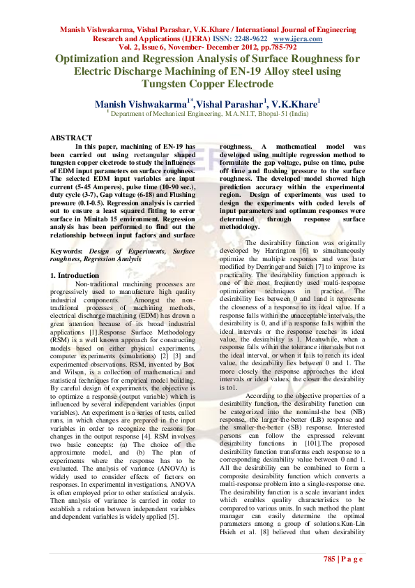 (PDF) Optimization and Regression Analysis of Surface Roughness for Electric Discharge Machining ...