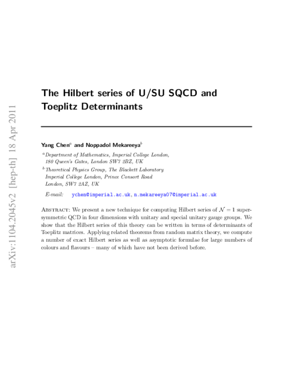 (PDF) The Hilbert series of U/SU SQCD and Toeplitz Determinants