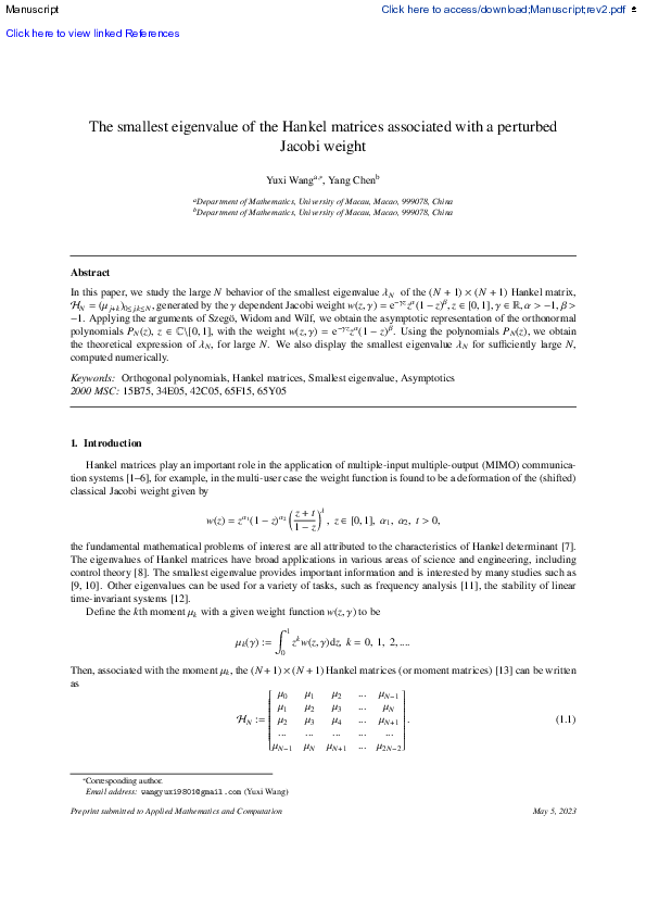 (PDF) The smallest eigenvalue of the Hankel matrices associated with a ...
