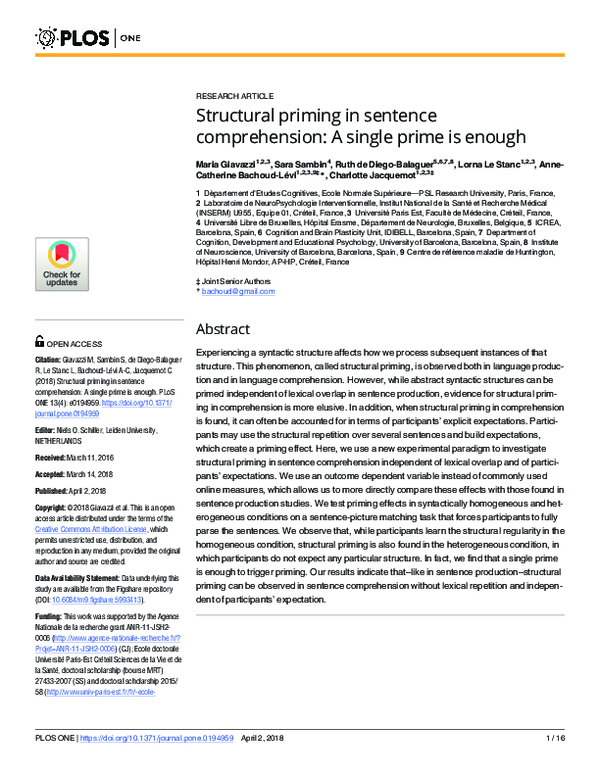 (PDF) Structural priming in sentence comprehension: A single prime is enough