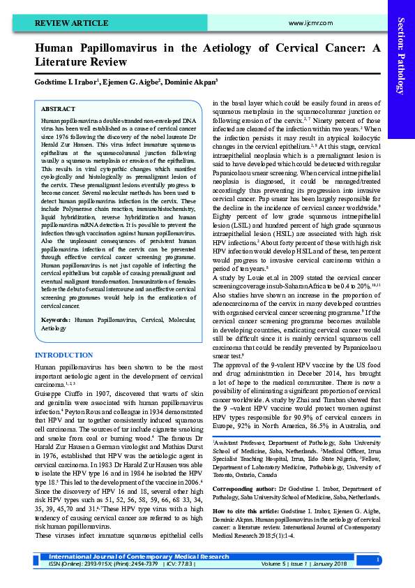 (PDF) Human Papillomavirus in the Aetiology of Cervical Cancer: A ...