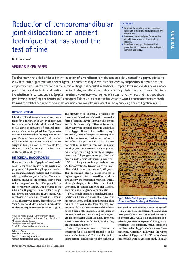 (PDF) Reduction of temporomandibular joint dislocation: an ancient ...