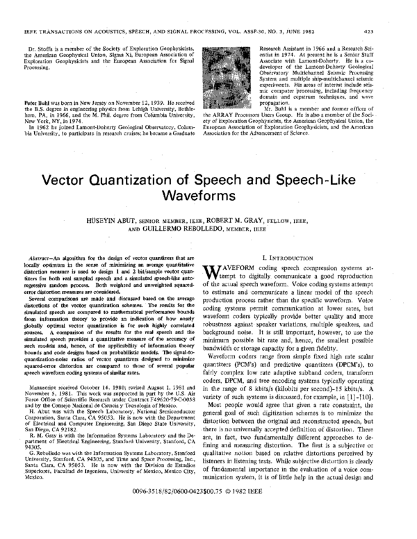 Pdf Vector Quantization Of Speech And Speech Like Waveforms 