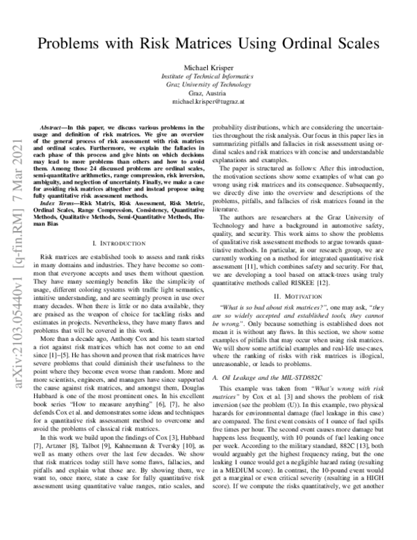 (PDF) Problems with Risk Matrices Using Ordinal Scales