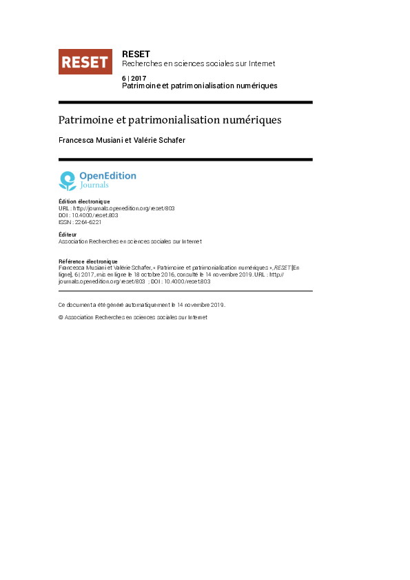 (PDF) Patrimoine et patrimonialisation numériques