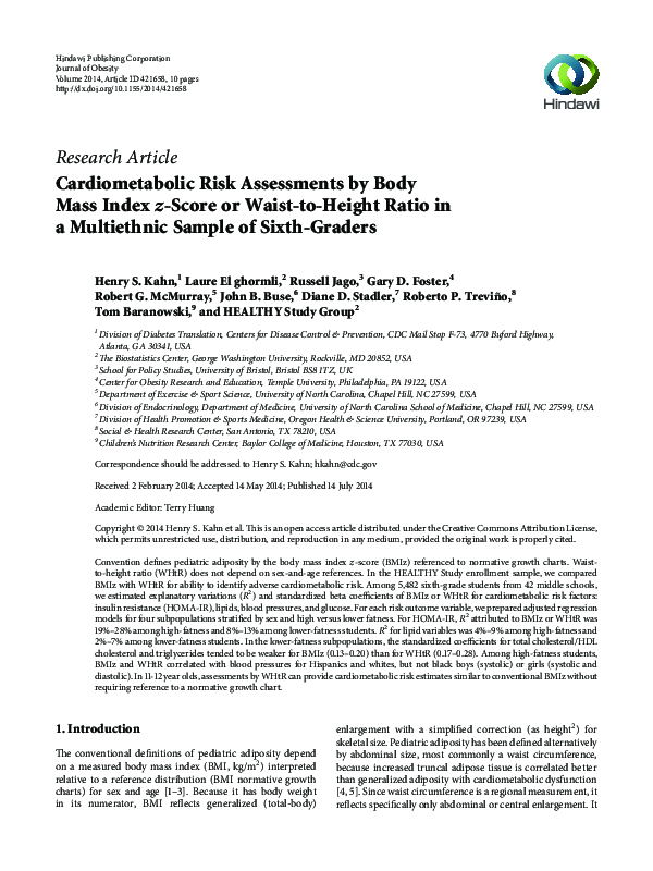 (PDF) Cardiometabolic Risk Assessments by Body Mass Indexz-Score or Waist-to-Height Ratio in a ...