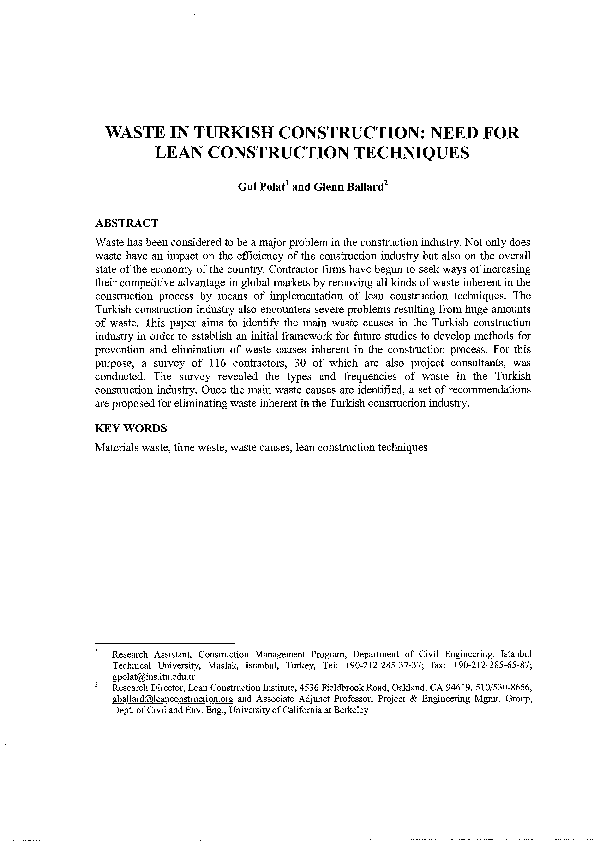 (PDF) Waste in Turkish construction: need for lean construction techniques