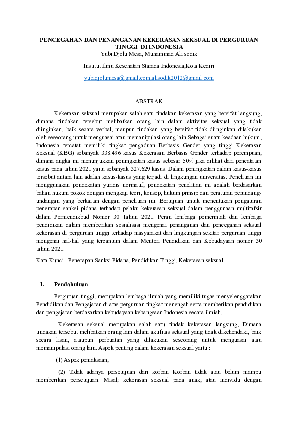 (DOC) PENCEGAHAN DAN PENANGANAN KEKERASAN SEKSUAL DI PERGURUAN TINGGI DI INDONESIA