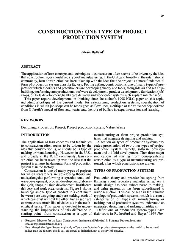 (PDF) Construction: one type of project production system