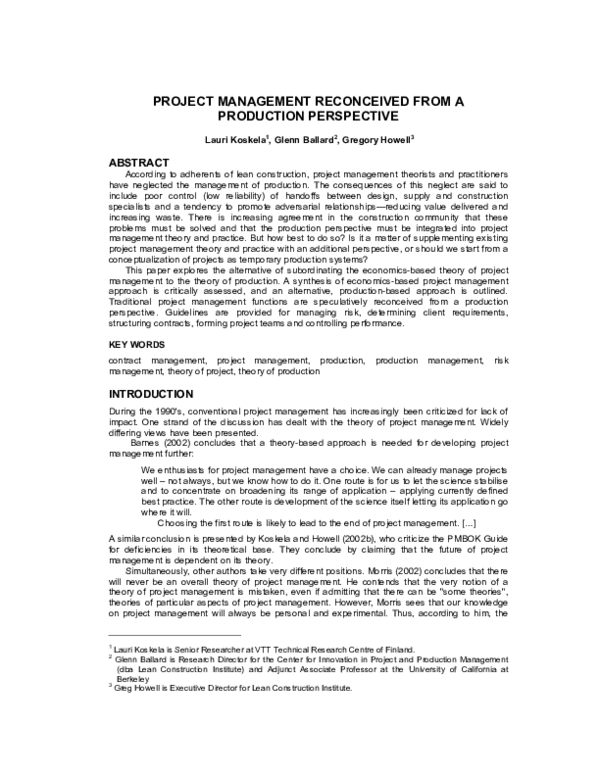 (PDF) Project management reconceived from a production perspective
