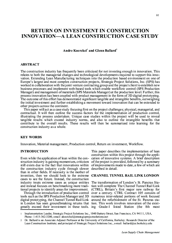 (PDF) Return on investment in construction innovation A lean ...