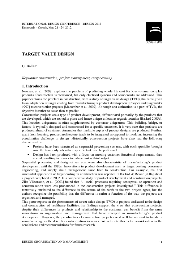 Pdf Target Value Design