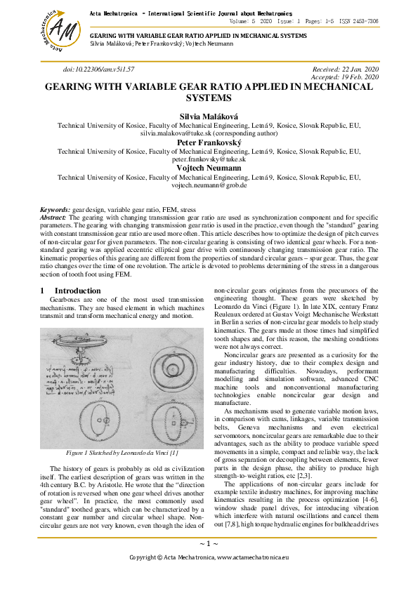 (PDF) Gearing with Variable Gear Ratio Applied in Mechanical Systems