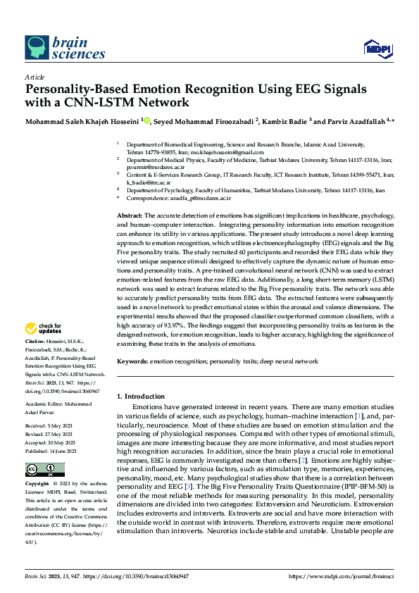 Pdf Personality Based Emotion Recognition Using Eeg Signals With A Cnn Lstm Network