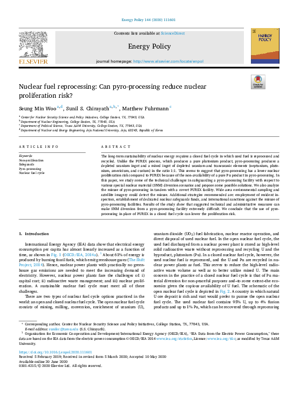 (PDF) Nuclear fuel reprocessing: Can pyro-processing reduce nuclear proliferation risk?