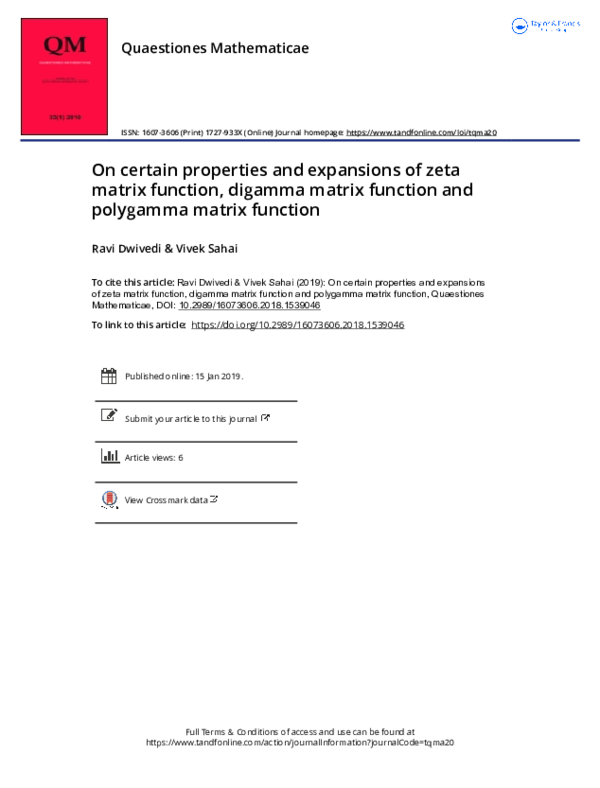(PDF) On certain properties and expansions of zeta matrix function, digamma matrix function and ...