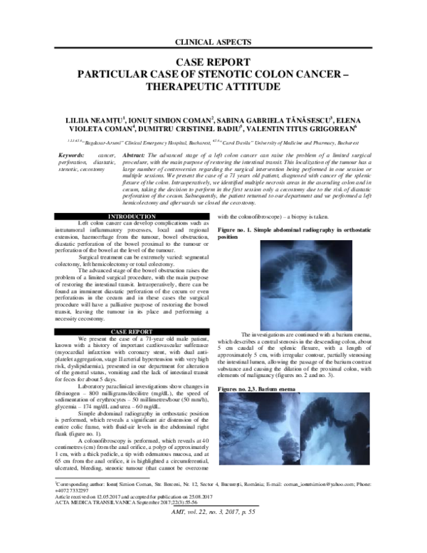 (PDF) Case Report Particular Case of Stenotic Colon Cancer-Therapeutic ...