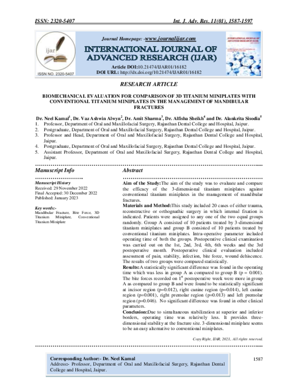 (PDF) Biomechanical Evaluation for Comparison of 3D Titanium Miniplates ...