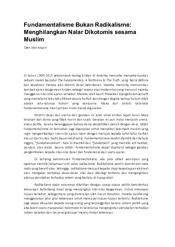 (PDF) Fundamentalisme Bukan Radikalisme: Menghilangkan Nalar Dikotomis ...