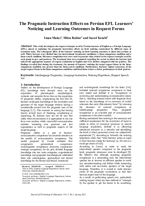 (PDF) The Pragmatic Instruction Effects on Persian EFL Learners' Noticing and Learning Outcomes ...