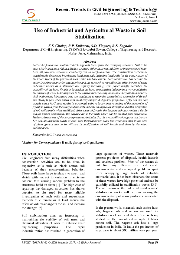 (PDF) Use of Industrial and Agricultural Waste in Soil Stabilization