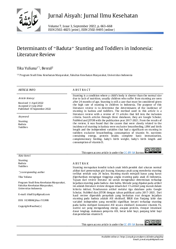 (PDF) Determinants of “Baduta” Stunting and Toddlers in Indonesia ...
