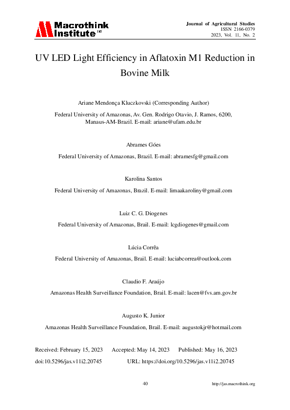 (PDF) UV LED Light Efficiency in Aflatoxin M1 Reduction in Bovine Milk