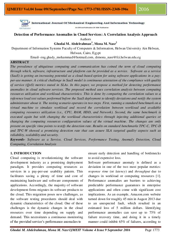 (PDF) Detection of Performance Anomalies in Cloud Services: A Correlation Analysis Approach ...