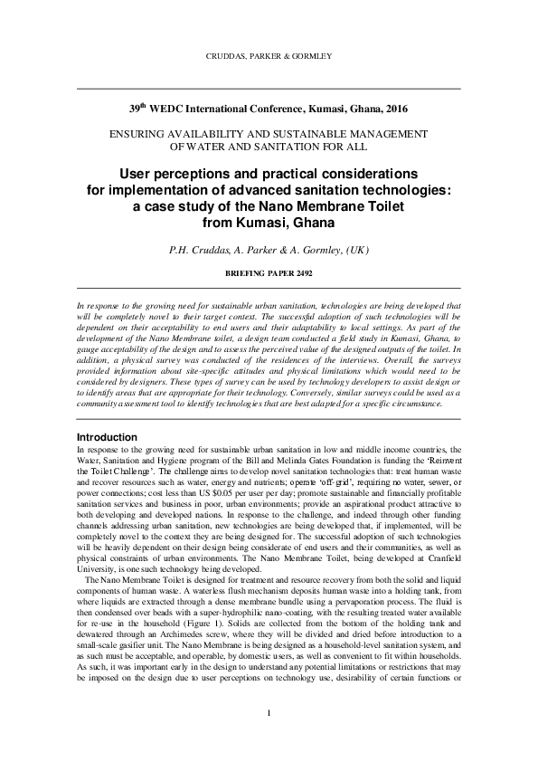 (PDF) User Acceptance of Nano Membrane Toilet in Kumasi, Ghana
