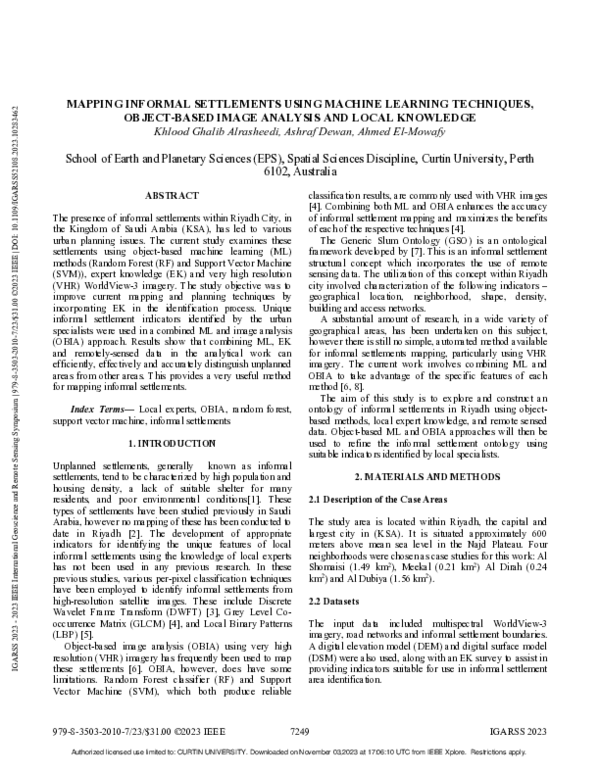 Pdf Mapping Informal Settlements Using Machine Learning Techniques Object Based Image