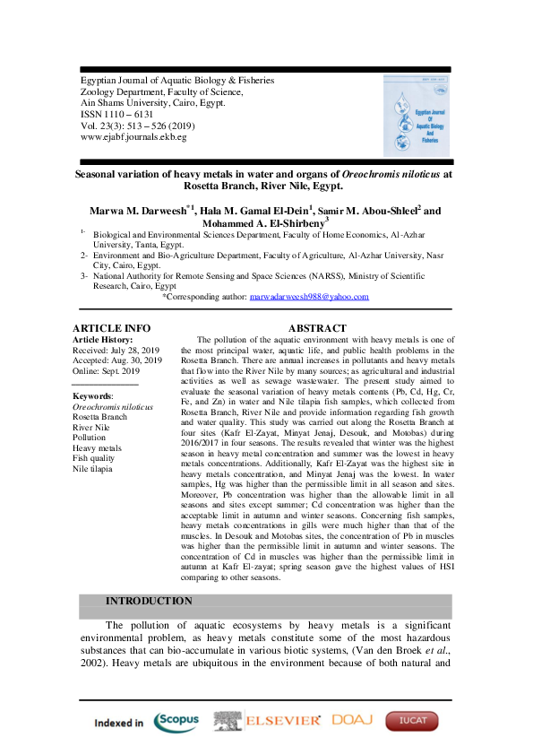 (PDF) Seasonal variation of heavy metals in water and organs of ...