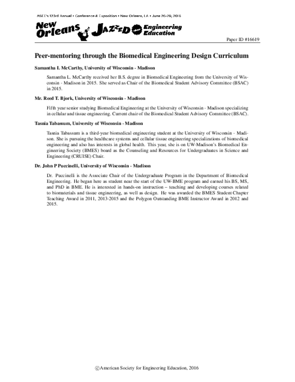 (PDF) Peer-mentoring through the Biomedical Engineering Design Curriculum