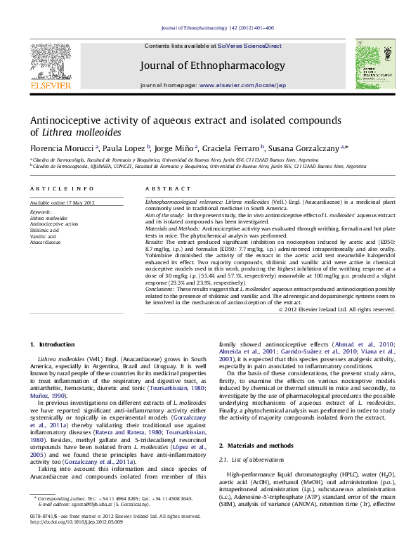 Pdf Antinociceptive Activity Of Aqueous Extract And Isolated
