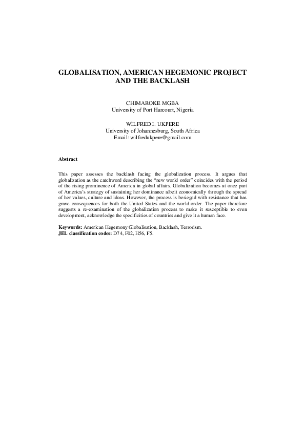 (PDF) Globalisation, American Hegemonic Project And The Backlash