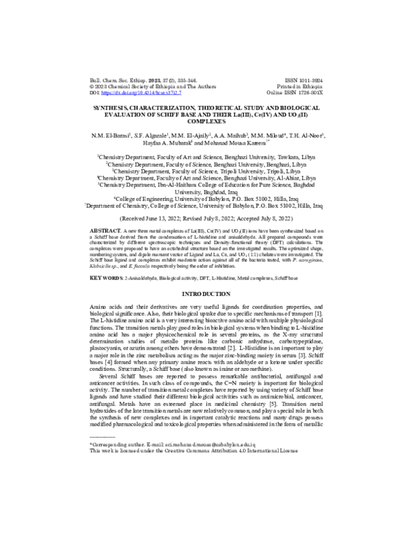 (PDF) SYNTHESIS, CHARACTERIZATION, THEORETICAL STUDY AND BIOLOGICAL EVALUATION OF SCHIFF BASE ...