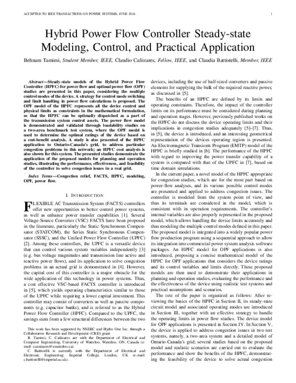Pdf Hybrid Power Flow Controller Steady State Modeling Control And Practical Application
