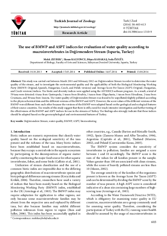 (PDF) The use of BMWP and ASPT indices for evaluation of water quality ...