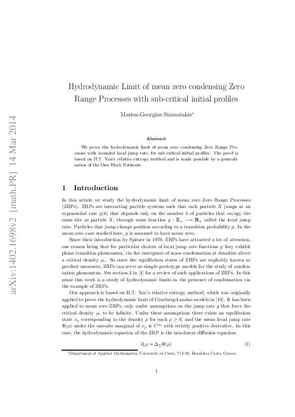 (PDF) Hydrodynamic Limit of Mean Zero Condensing Zero Range Processes with Sub-Critical Initial ...