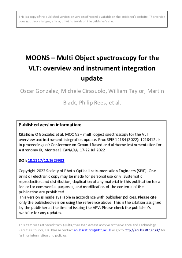 (PDF) MOONS – multi object spectroscopy for the VLT: overview and ...