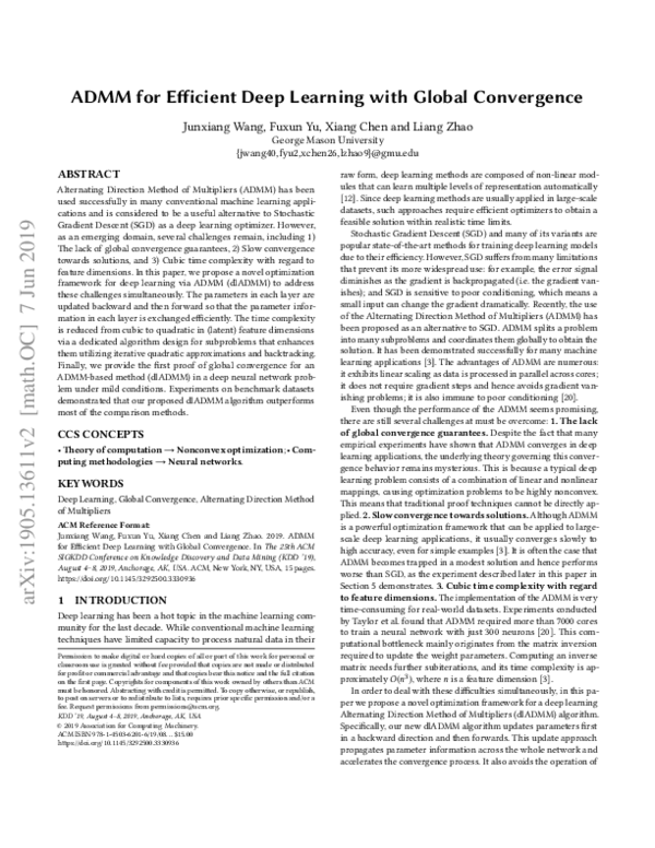 (PDF) ADMM for Efficient Deep Learning with Global Convergence