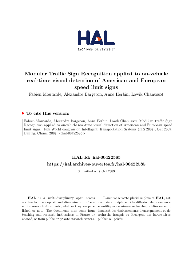 (PDF) Modular Traffic Sign Recognition applied to on-vehicle real-time ...