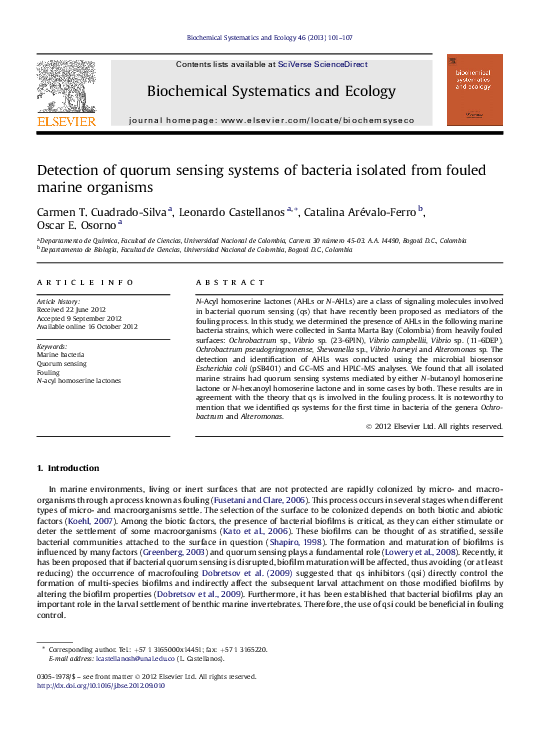 (PDF) Detection of quorum sensing systems of bacteria isolated from fouled marine organisms