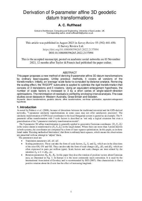 (PDF) Derivation of 9-parameter affine 3D geodetic datum transformations