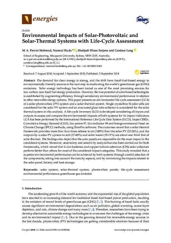 (PDF) Environmental Impacts of Solar-Photovoltaic and Solar-Thermal ...