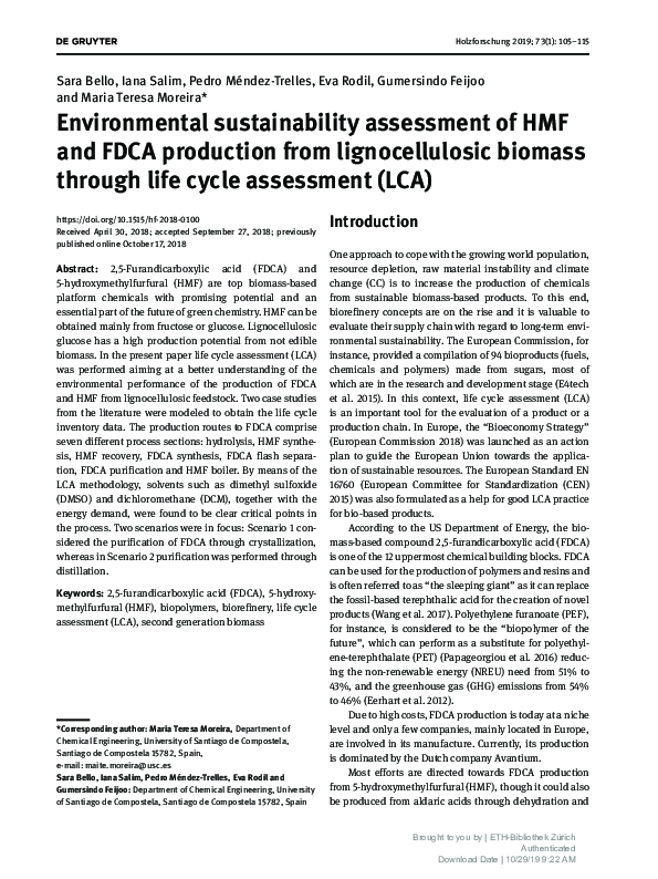 (PDF) Environmental sustainability assessment of HMF and FDCA production from lignocellulosic ...