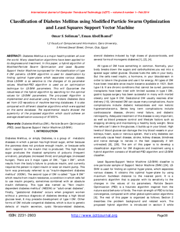 Pdf Classification Of Diabetes Mellitus Using Modified Particle Swarm Optimization And Least 