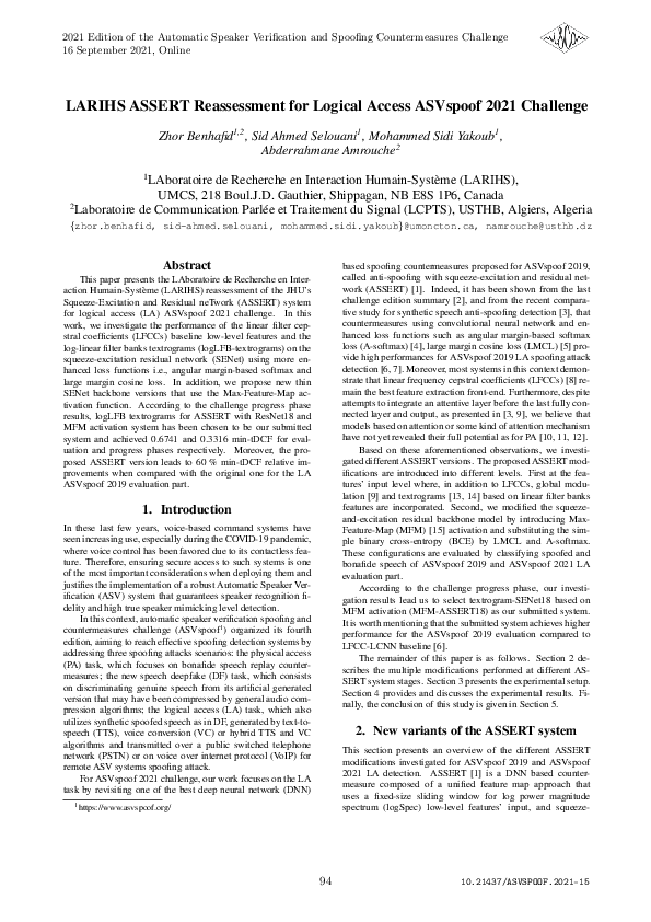 Pdf Larihs Assert Reassessment For Logical Access Asvspoof 2021 Challenge