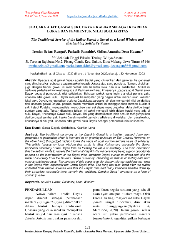 (PDF) Upacara Adat Gawai Suku Dayak Kalbar sebagai Kearifan Lokal dan ...