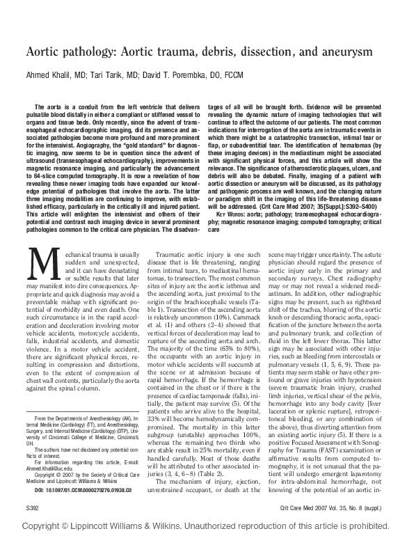 (PDF) Aortic pathology: Aortic trauma, debris, dissection, and aneurysm
