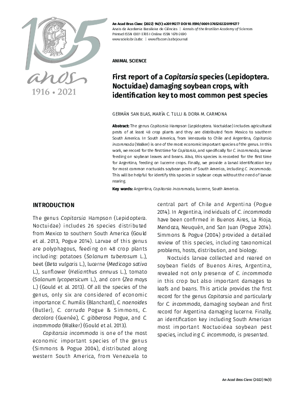 (PDF) First report of a Copitarsia species (Lepidoptera. Noctuidae ...